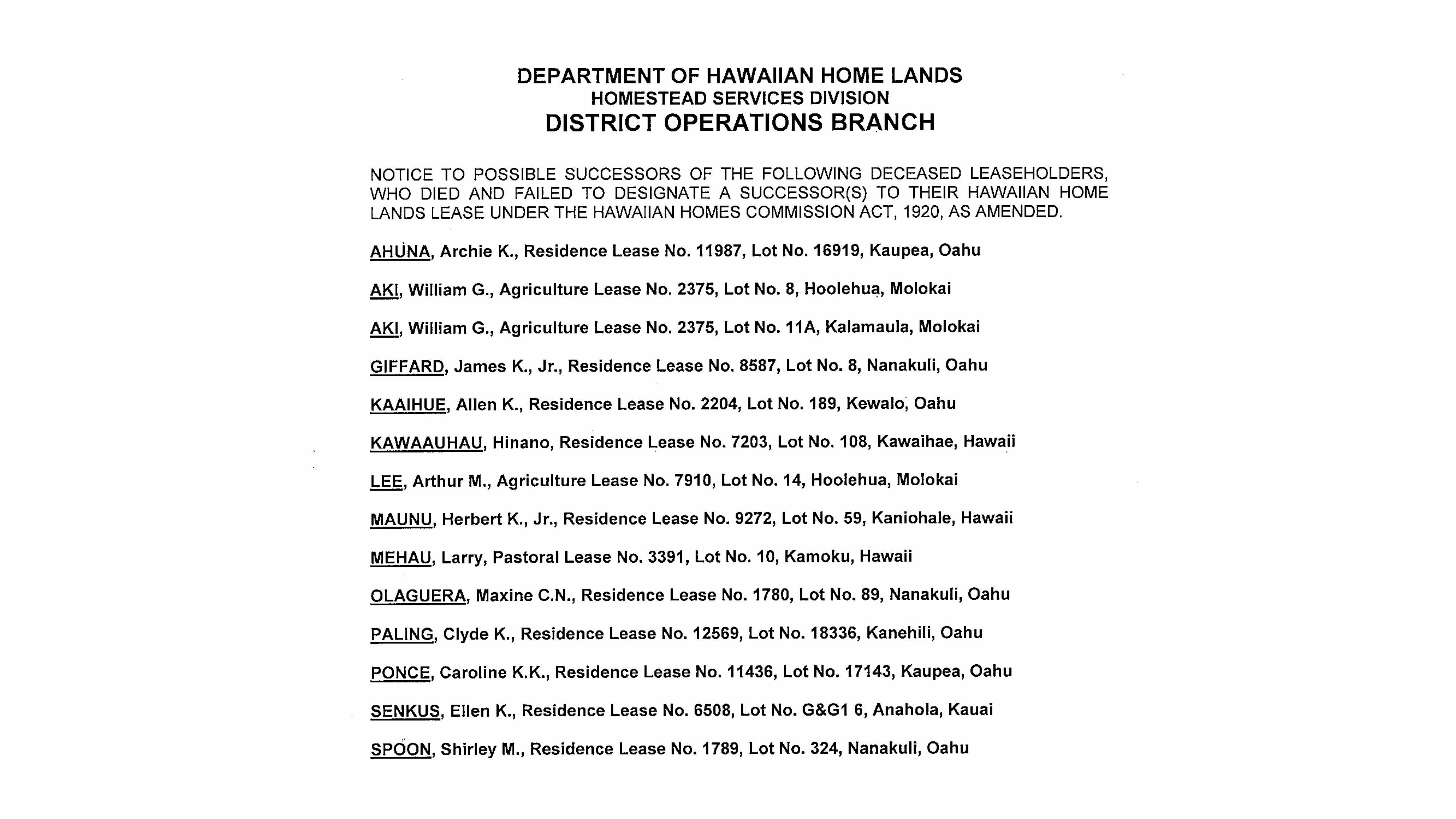 Department of Hawaiian Home Lands | Public Notice to Successors
